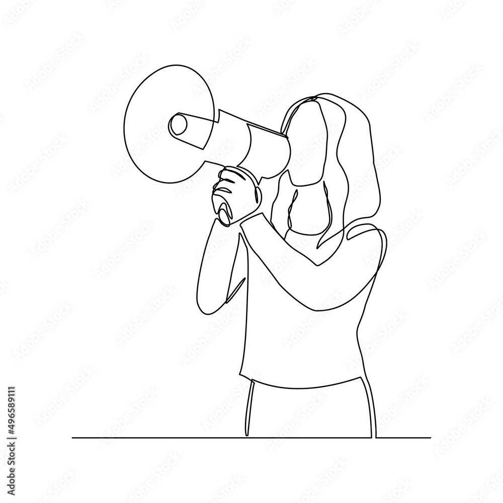 Continuous single one line drawing of business woman holding megaphone ...
