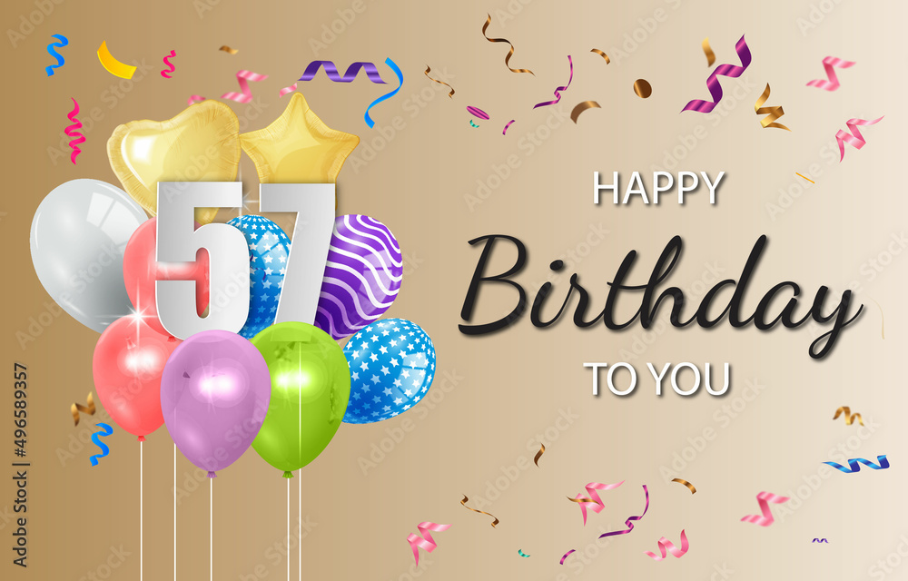 Happy 57th birthday balloons greeting card background vector. Happy ...