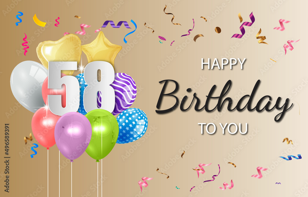 Happy 58th birthday balloons greeting card background vector. Happy ...
