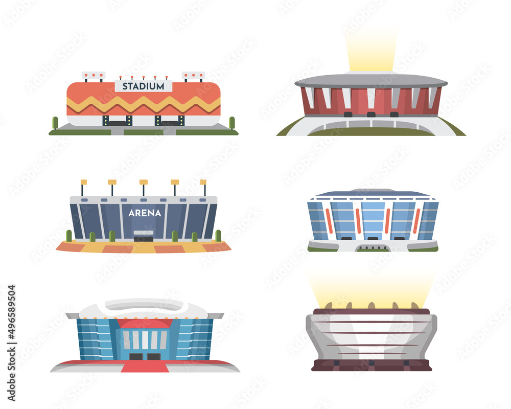 Sport stadium front view vector collection in cartoon style. City arena ...