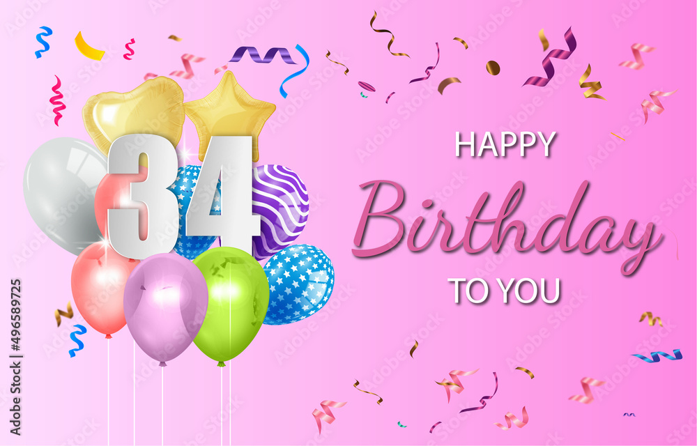 Happy 34th birthday balloons greeting card background vector. Happy ...