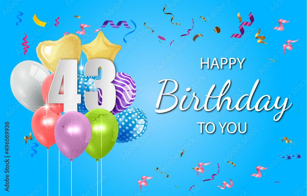Happy 43th birthday balloons greeting card background vector. Happy ...