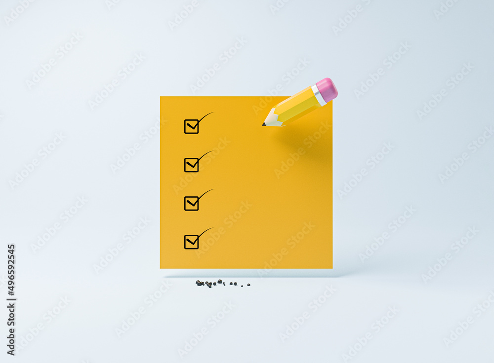 Yellow pencil write correct or tick mark on check box of paper for ...