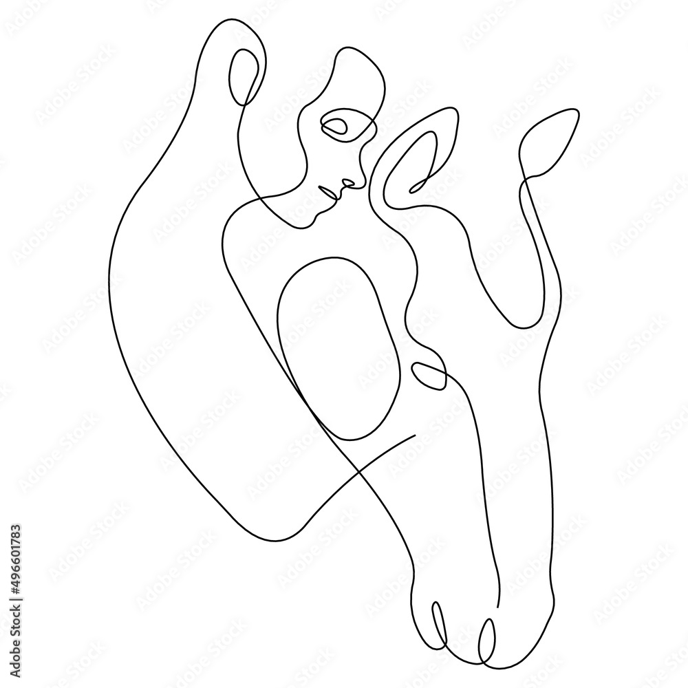 Girl with a horse drawn in one line. The concept of love and protection ...