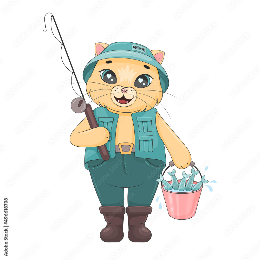 Cute fisherman cat. Happy Cartoon style. Children illustration. Vector ...