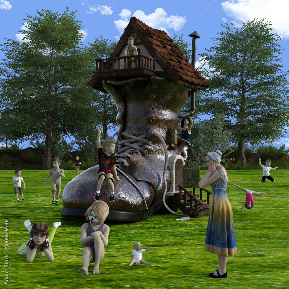 Old Woman Who Lived In A Shoe Nursery Rhyme Illustration Showing Old Woman Who Lived In A Shoe Nursery Rhyme Illustration Showing