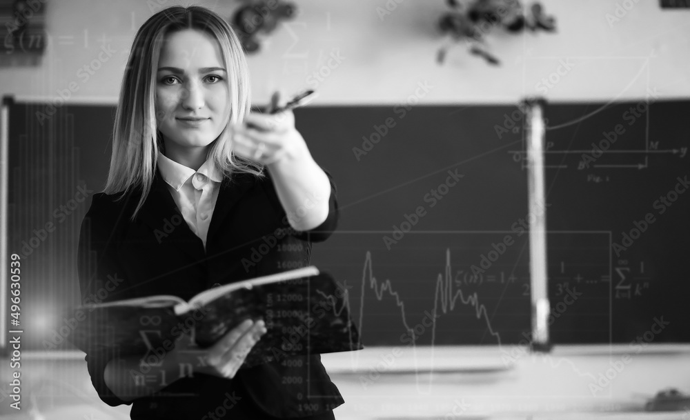Background with math symbols and teacher in primary school Stock Photo ...