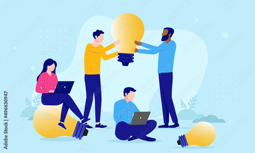 Brainstorming business - Team of four people in idea workshop working ...