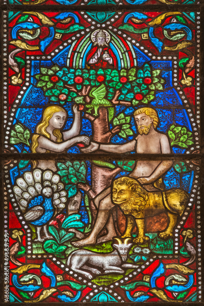 MAREDSOUS, BELGIUM - AUGUST 2015: Detail of an old stained glass window ...