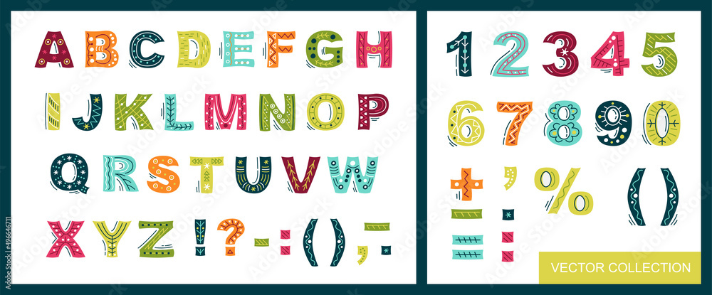 Alphabet and numbers for children - set, collection. Vector hand-drawn ...