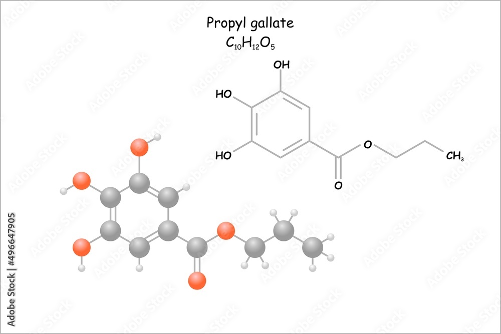 Stylized molecule model/structural formula of propyl gallate. Use as ...