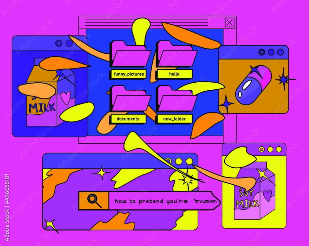 Retrowave style desktop screen with different user interface elements ...