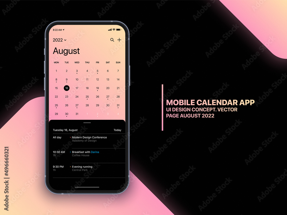 Mobile Calendar App Concept August 2022 Page with To Do List and Tasks UI UX Design Vector on ...