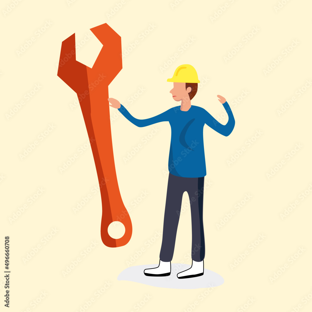 Man standing , holding a large metal wrench. Handle industrial tool for ...