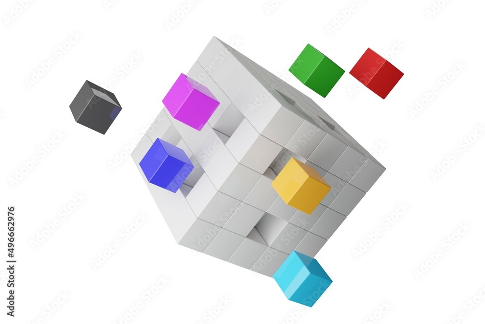 Different colored cubes floating out of box of cubes isolated on white ...