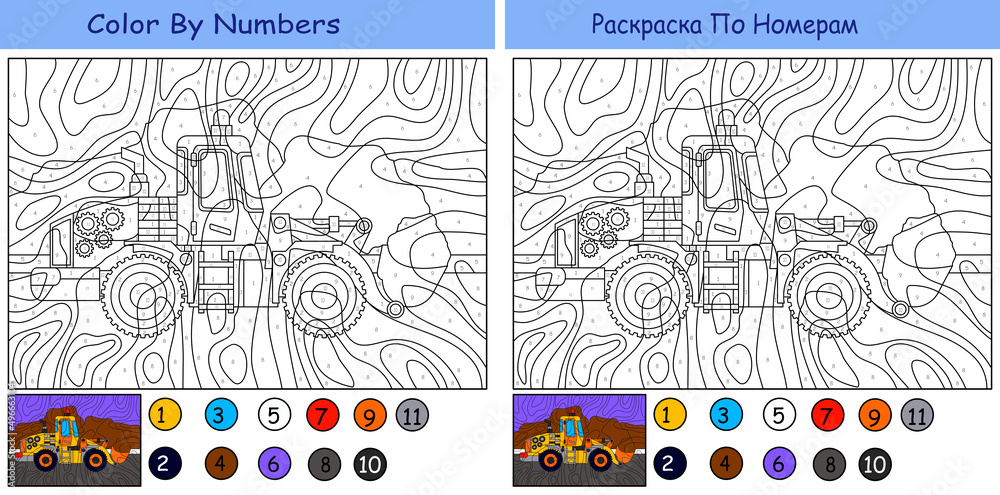 children's educational game. coloring by numbers. tractor in the field ...