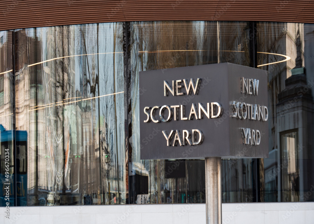 New Scotland Yard HQ, London. The iconic rotating sign outside the ...