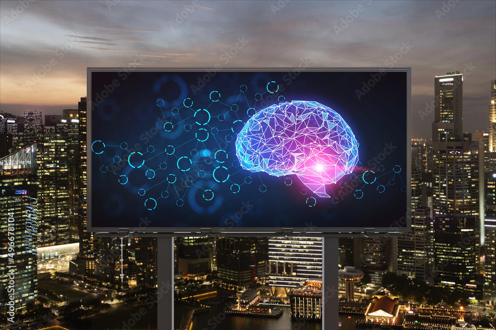 Brain hologram on billboard with Singapore cityscape background at ...
