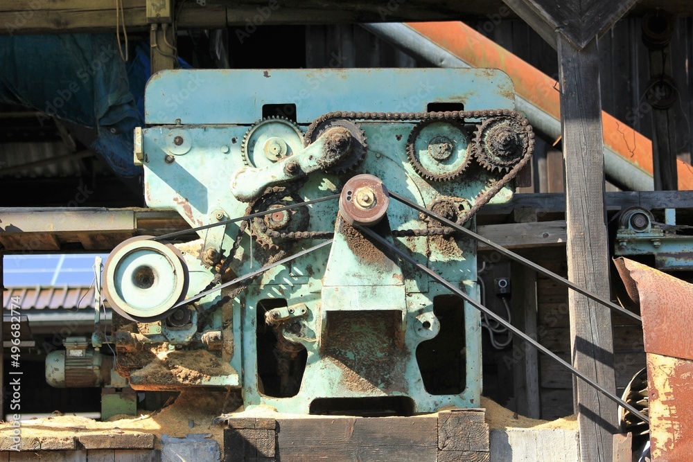 Old engine for transmitting motion with gear wheel and belt Stock Photo ...