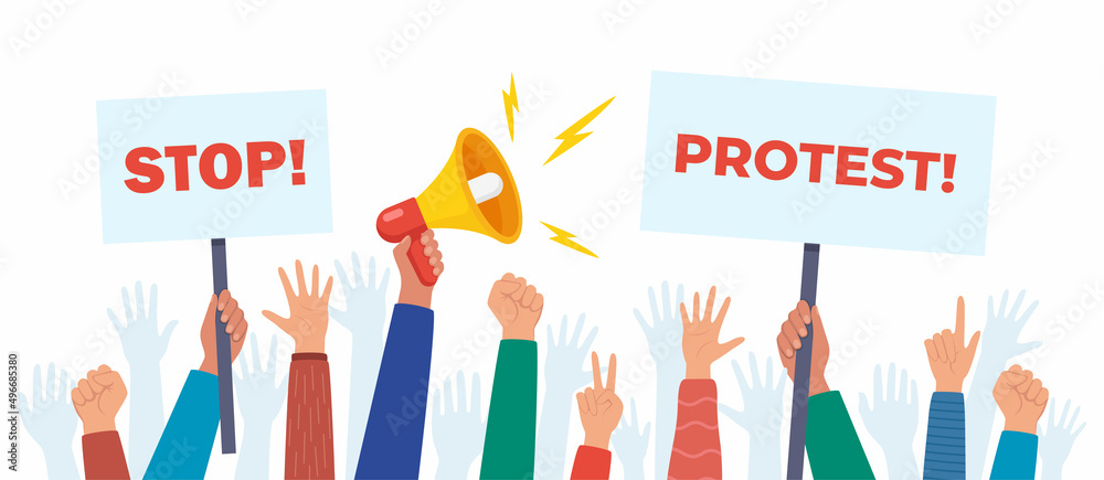 Protesters hands holding protest signs, crowd of angry people. Banner ...