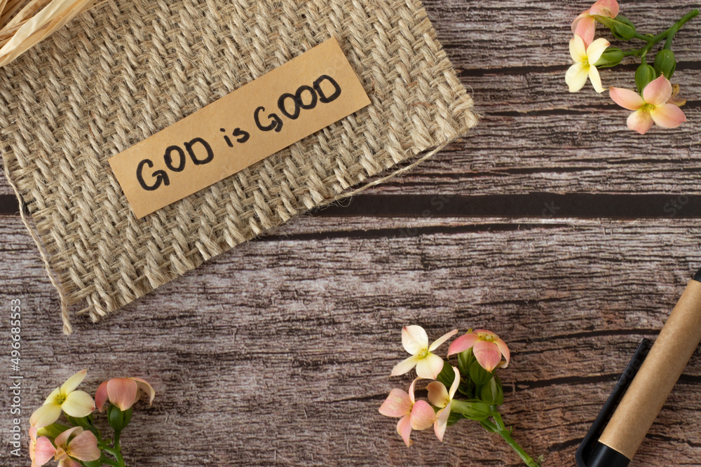 God is Good, a handwritten text quote on hemp textured fabric with ...