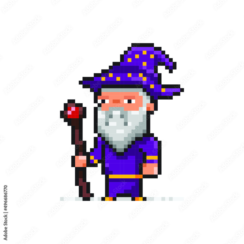 Pixel art wizard character with a magic scepter. Stock Vector | Adobe Stock