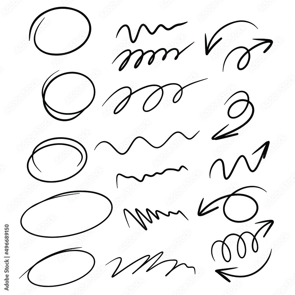 Highlight oval frames, curve underline and arrows. Hand drawn scribble ...