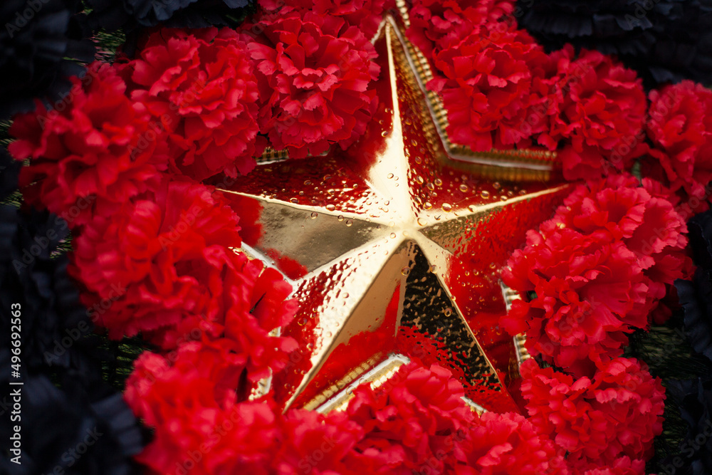 Gold star in colors. Symbol of Red Army. Details of military parade ...