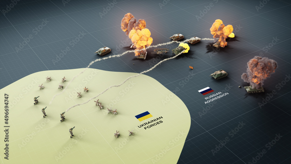 3D render animation of representation of Russian military invasion and ...