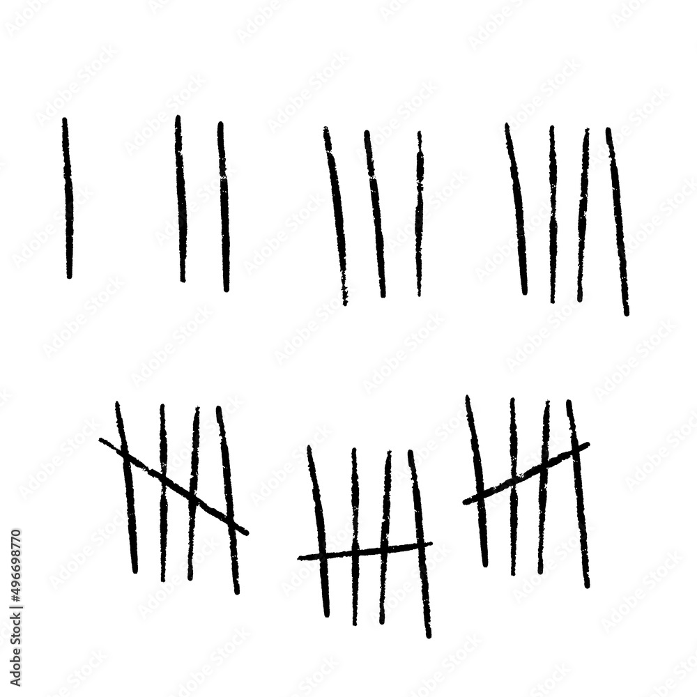 Tally marks. Prison sticks lines counter on wall. Jail sign. Scratch ...