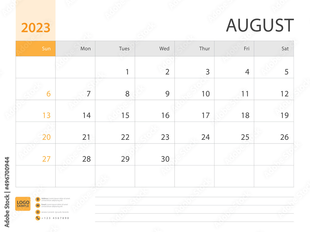 Monthly calendar template for 2023 year, August design, Planner, Desk ...