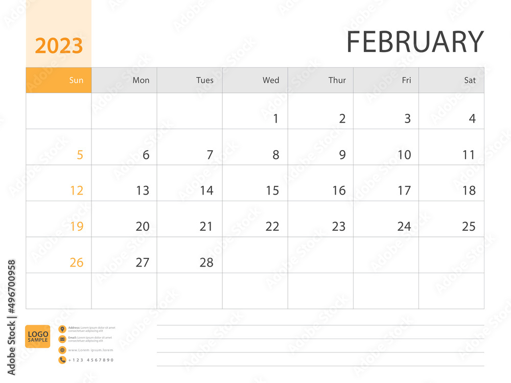 Monthly calendar template for 2023 year, February design, Planner, Desk ...