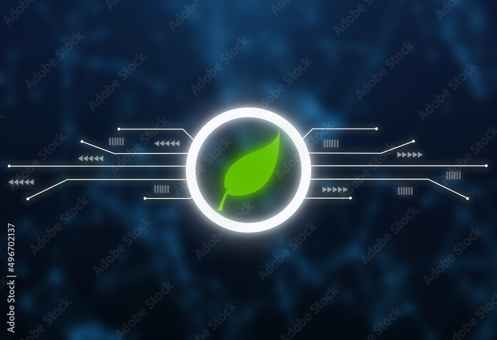 Green leaf glowing and circuit board lines on Hi tech blue background ...
