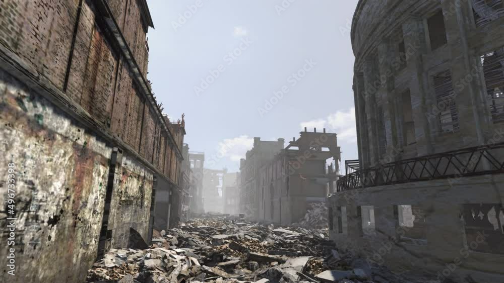 Conceptual war footage depicting the old town of a major city ravaged ...