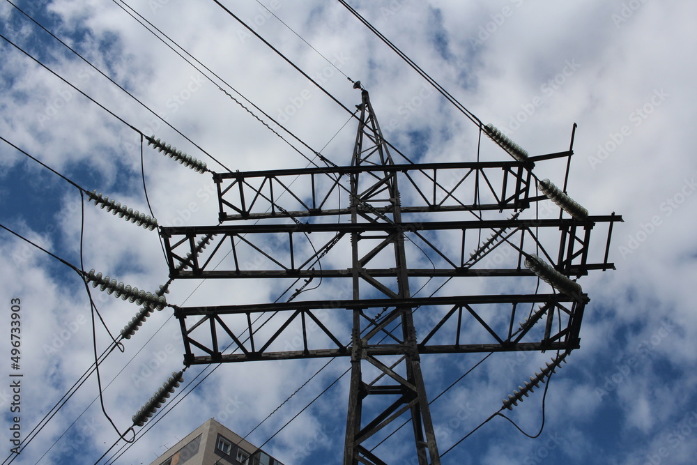 high voltage electrical network in wires at a hazardous power plant ...