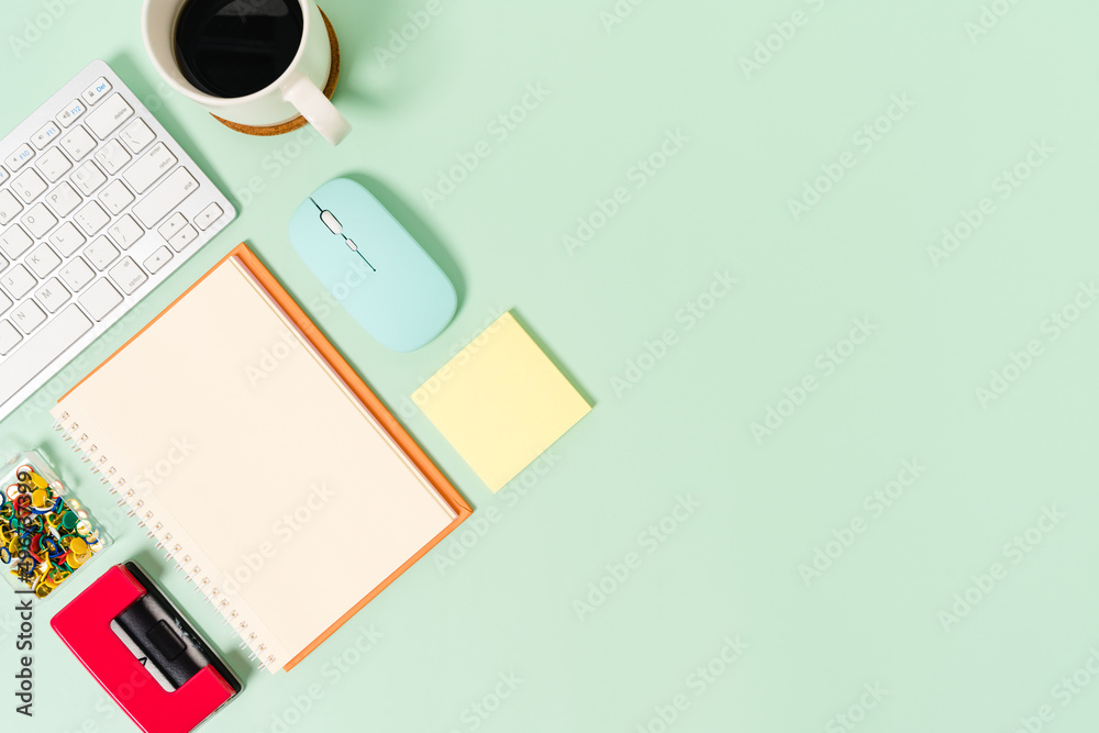 Creative flat lay photo of workspace desk. Top view office desk with ...