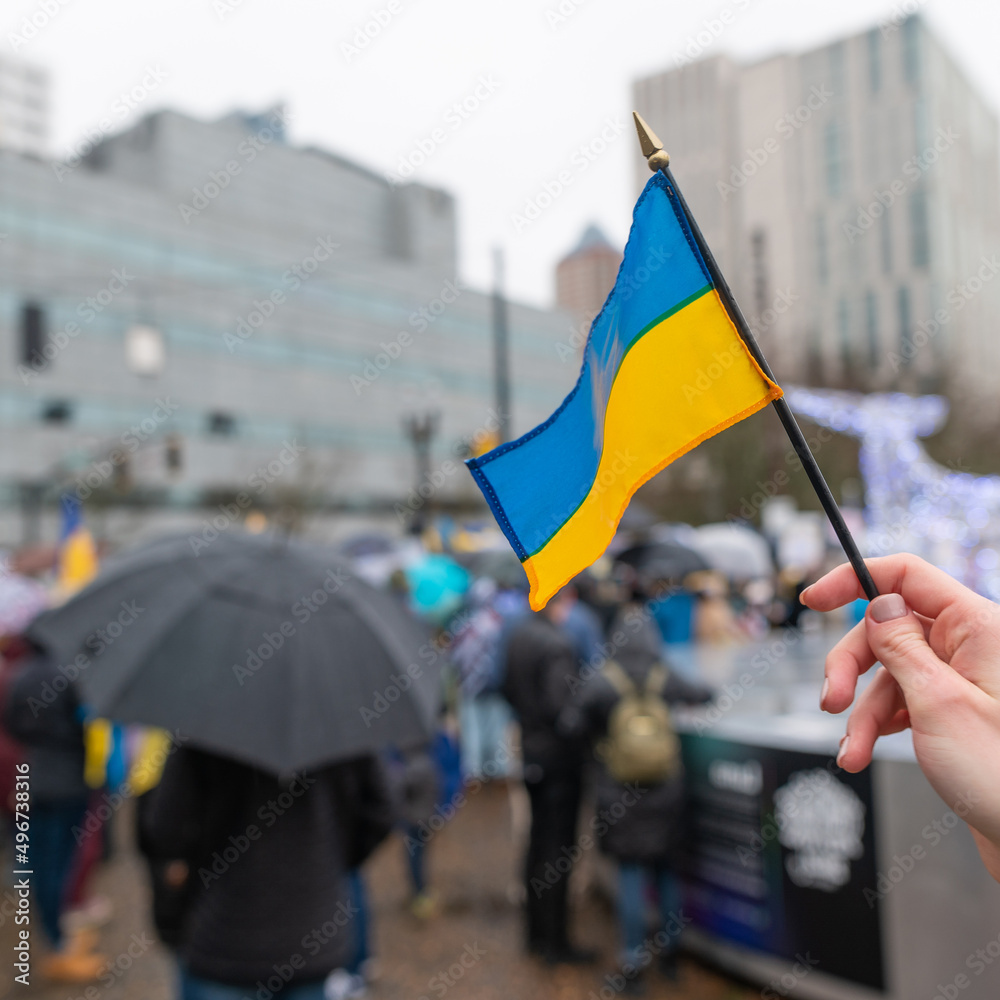 Protest and rally of people in the USA against the war in Ukraine ...