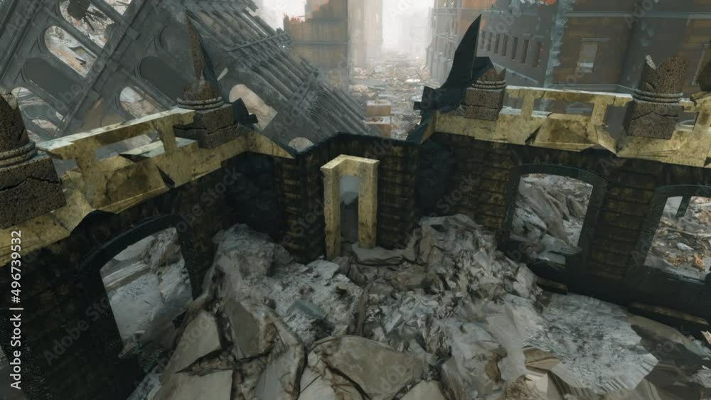 Conceptual war footage depicting the old town of a major city ravaged ...