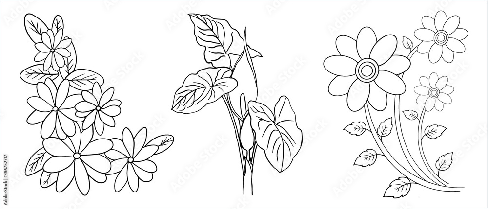 Hand drawn flower coloring page line art vector blank printable design ...