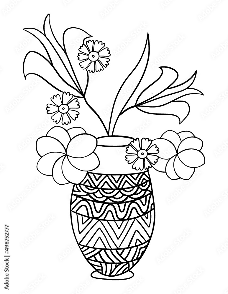 Hand drawn flower coloring page line art vector blank printable design ...