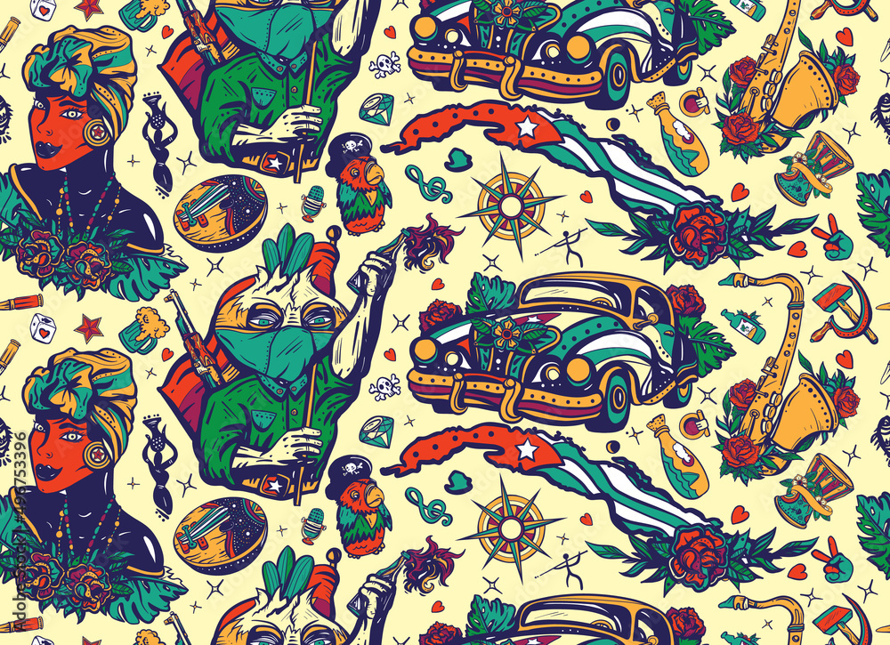 Cuba seamless pattern. Havana retro cars. History and culture, island ...