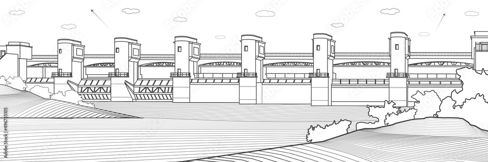 Hydro power plant. River Dam. Energy station. Water power. City ...