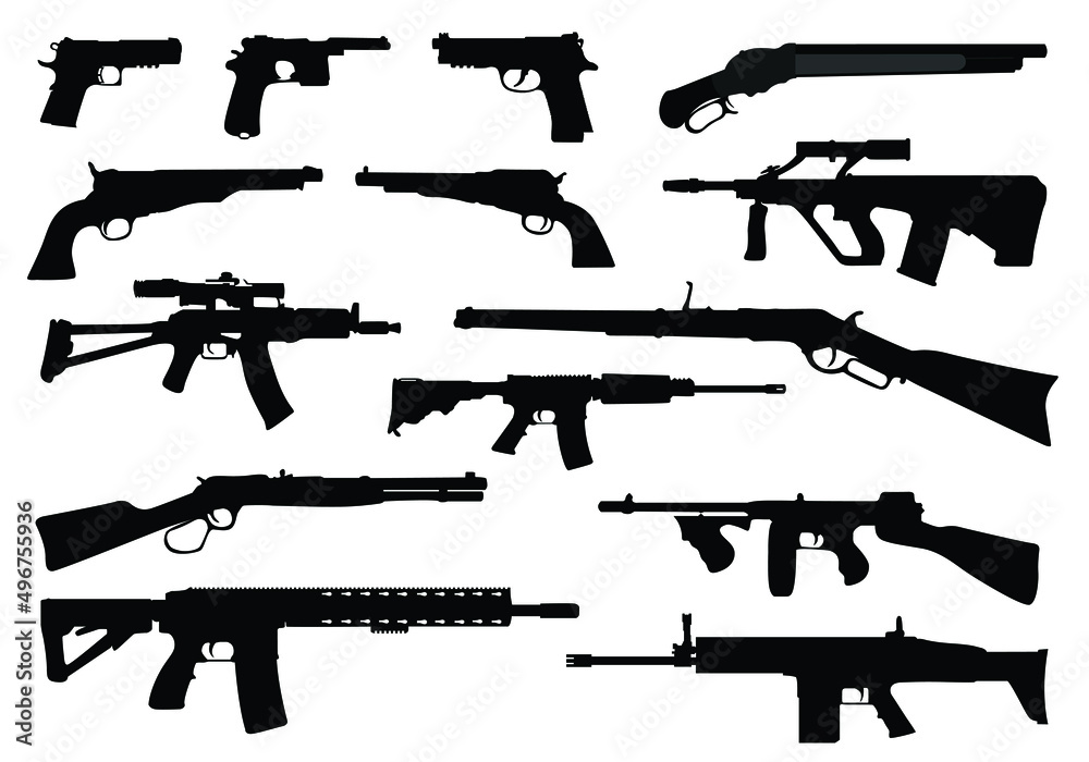 Vecteur Stock Set of various weapons, guns, pistols and rifles isolated ...