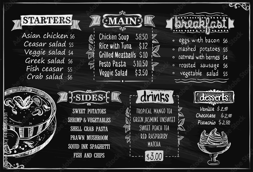 Chalk menu board design template with starters and main dishes ...