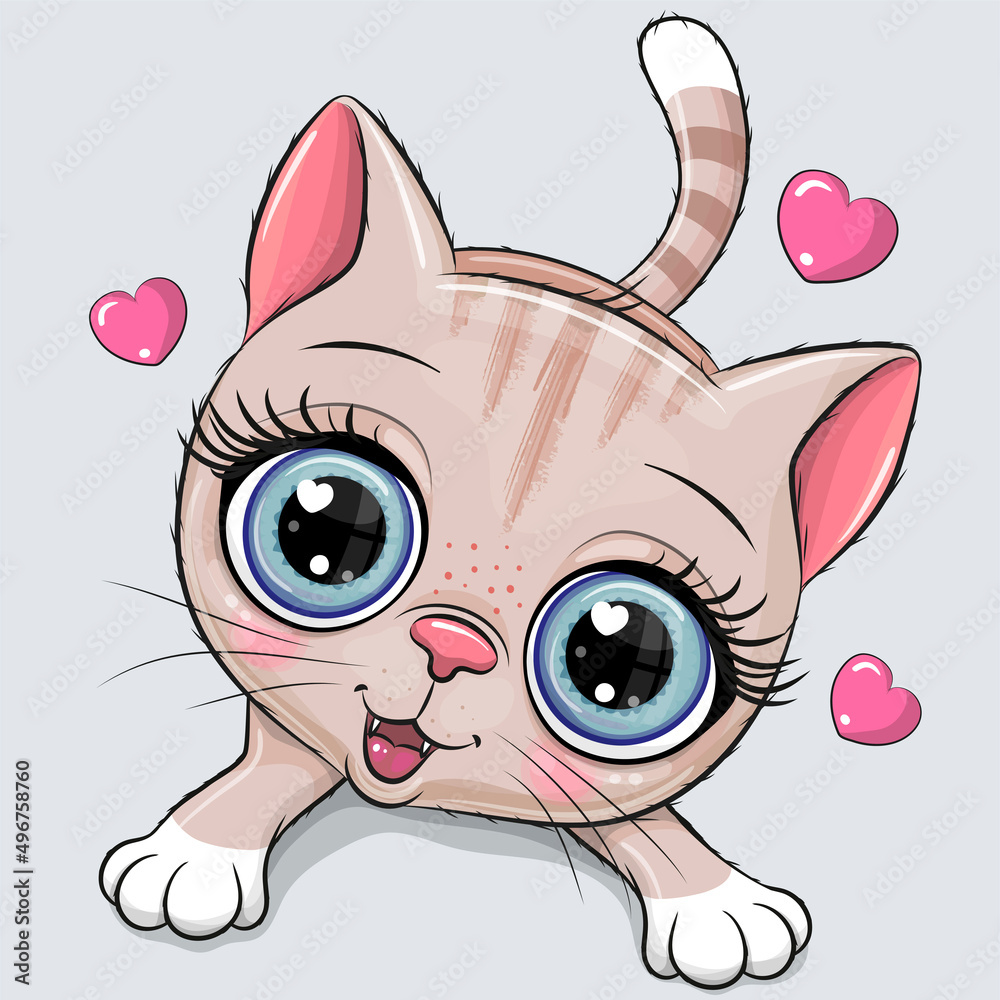 Cute Cartoon Kitten on a blue background Stock Vector | Adobe Stock