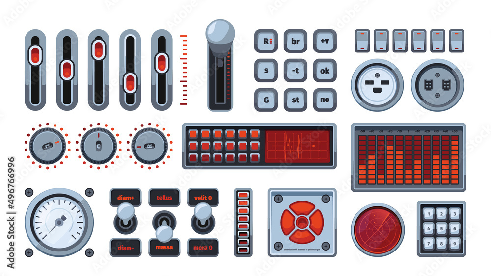 Ui elements. Control panels dashboards switches buttons frames volume ...