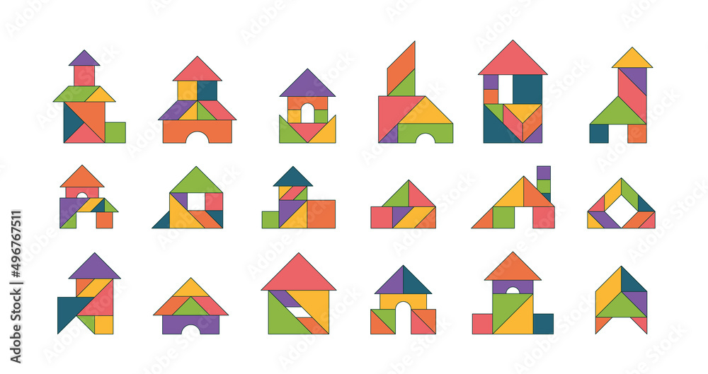 Tangram buildings. Geometrical jigsaw for kids logical puzzles houses ...