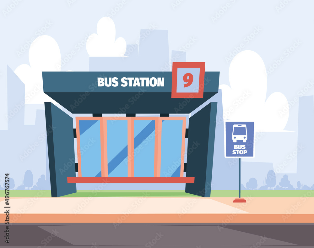 Bus station background. Urban municipal cartoon illustrations with ...
