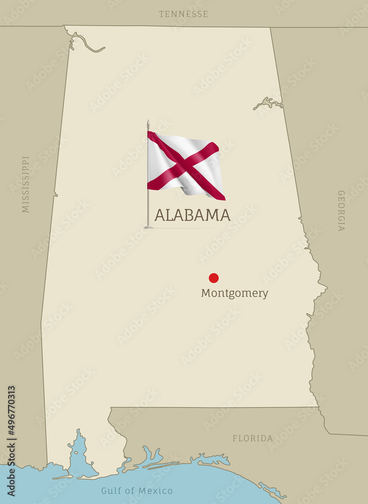 US, AL State highly detailed map with the flag. Editable map of USA ...