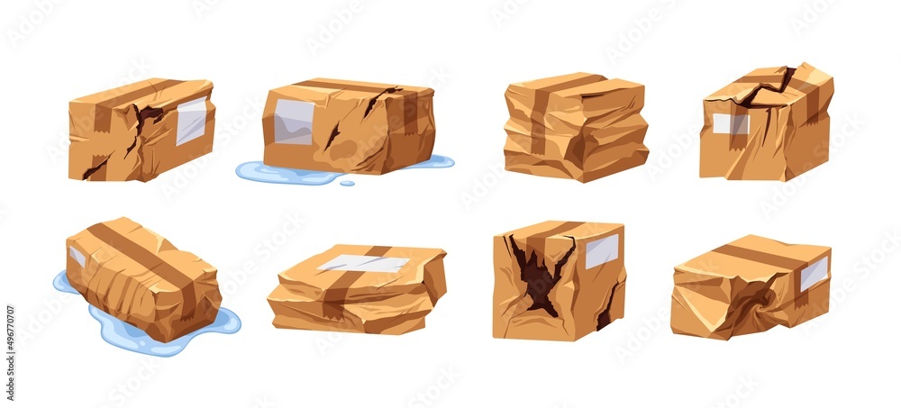 Damaged broken cardboard boxes, delivery packages set. Wet, crumpled ...